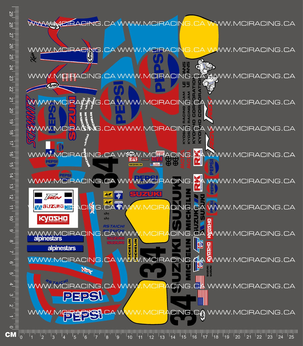 1/8TH KYOSHO - MK1 MOTORCYCLE - SUZUK RGV-T - PEPSI DECALS – Mciracing.ca